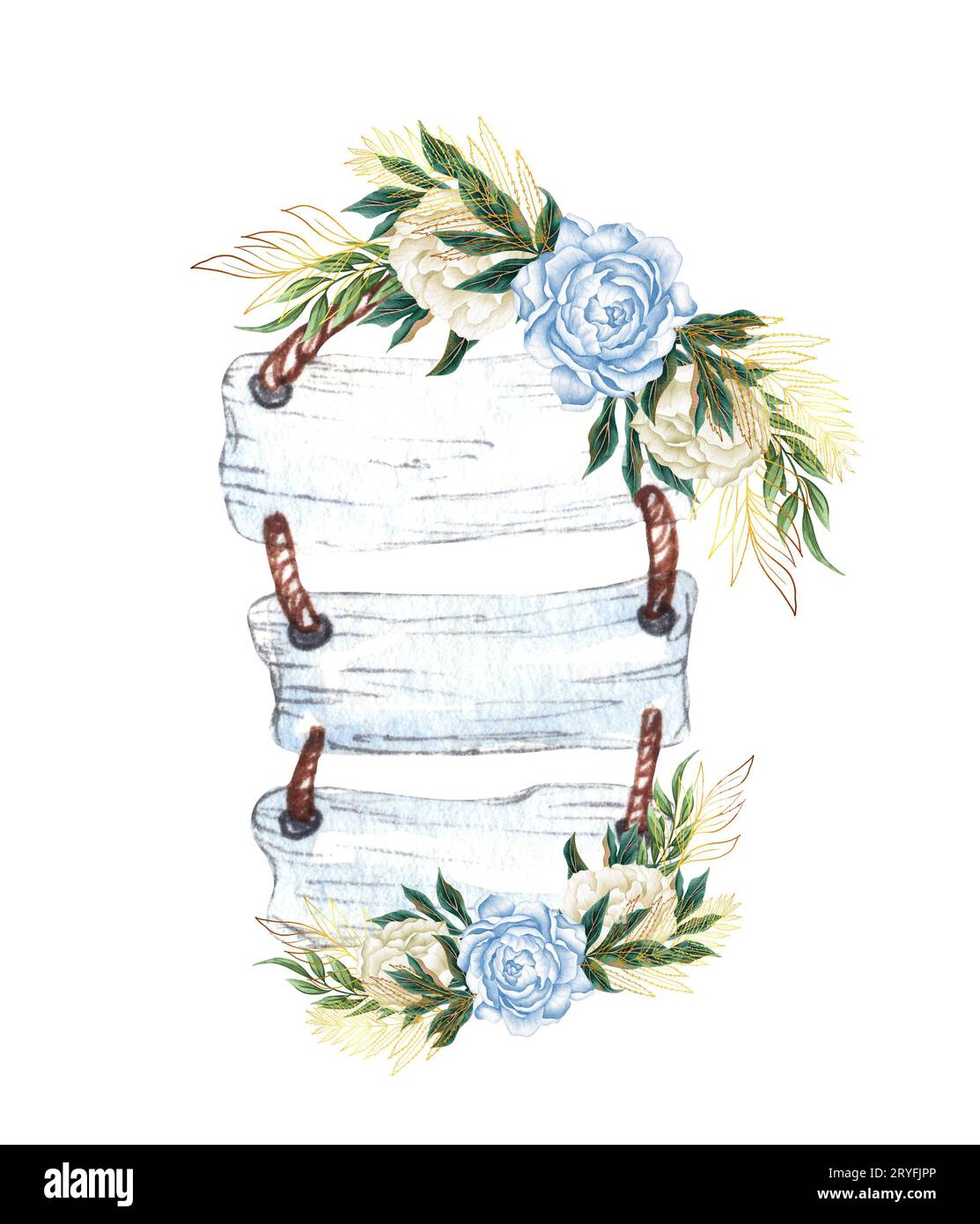 Watercolor hand drawn nautical, marine, floral illustration with wooden ...