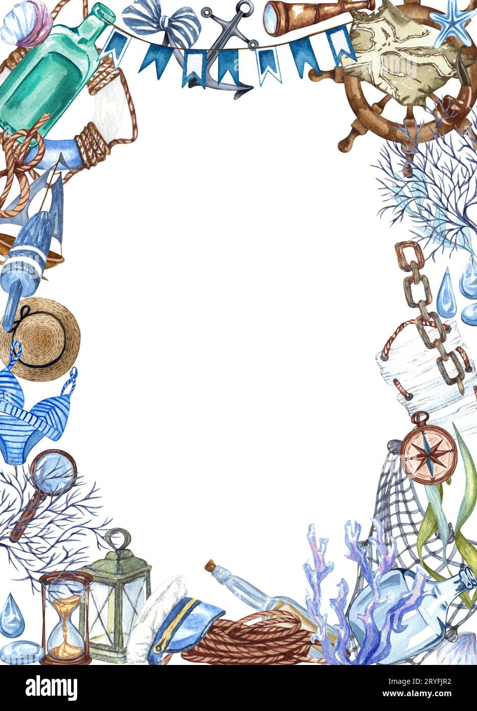 Watercolor nautical, marine frame with lighthouse, lifebuoy, anchor ...