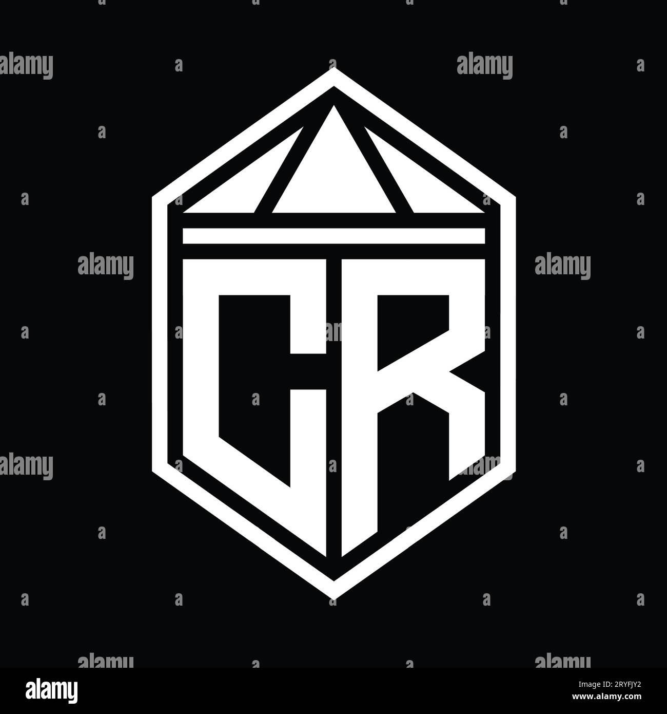CR Letter Logo monogram simple hexagon shield shape with triangle crown isolated style design ...