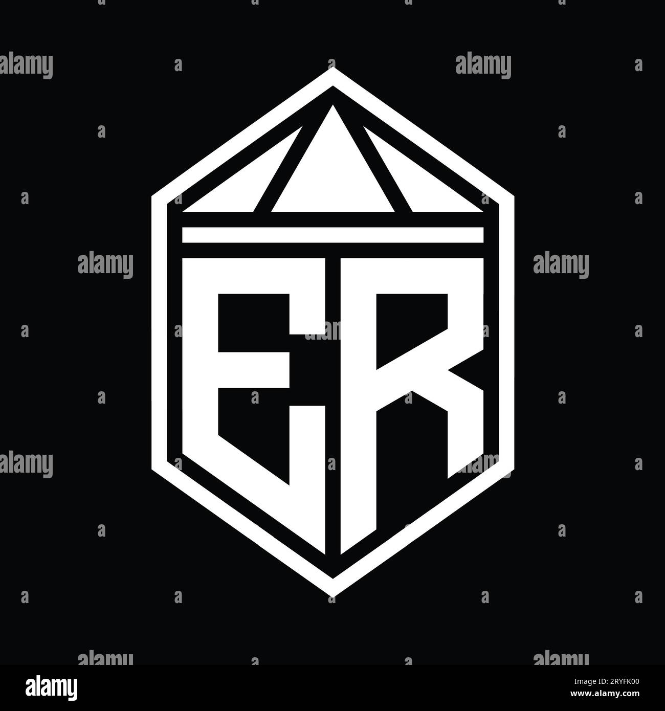 ER Letter Logo monogram simple hexagon shield shape with triangle crown ...