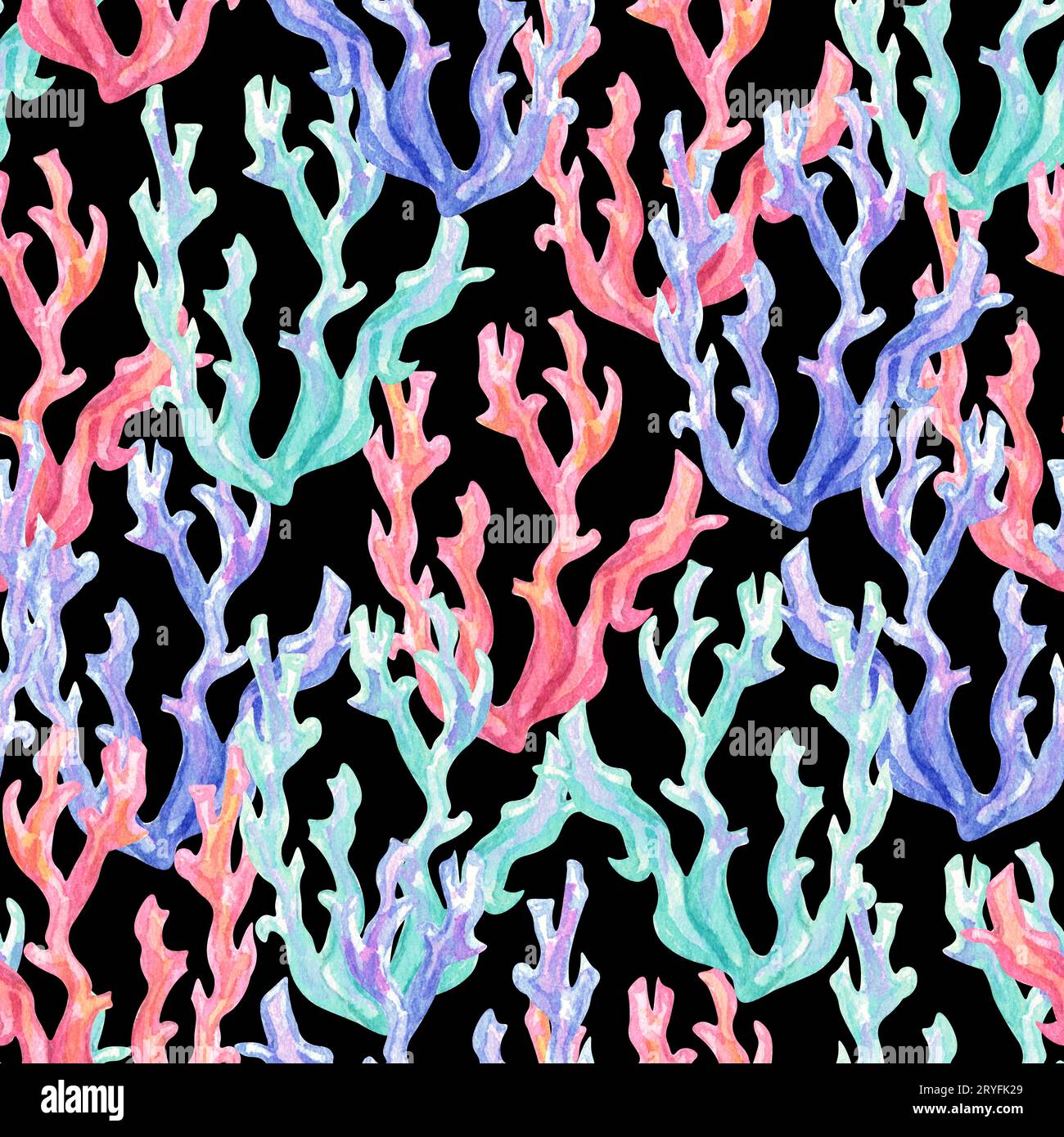 Seamless hand drawn pattern with coral reef and starfishes. Watercolor ...