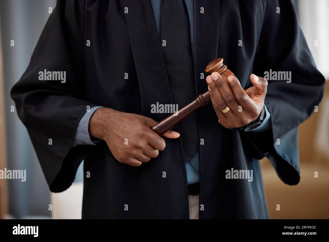 Hands, judge and gavel in courtroom, justice and decision at criminal ...