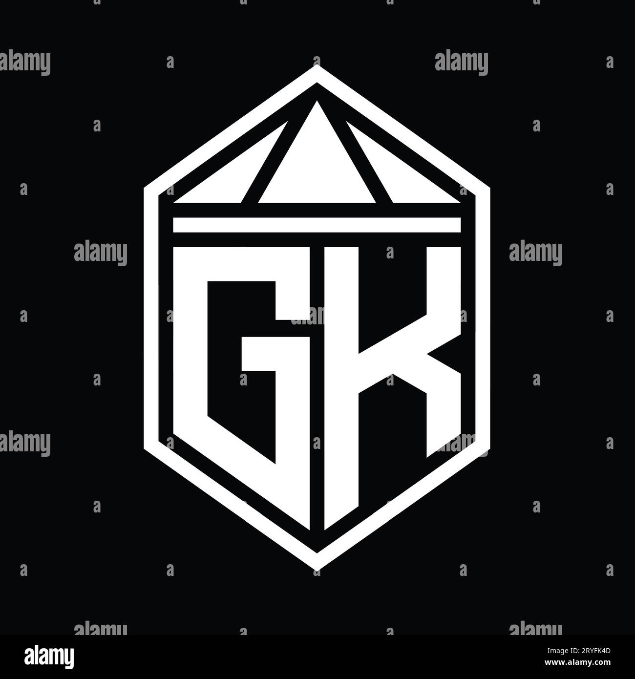 GK Letter Logo monogram simple hexagon shield shape with triangle crown isolated style design ...