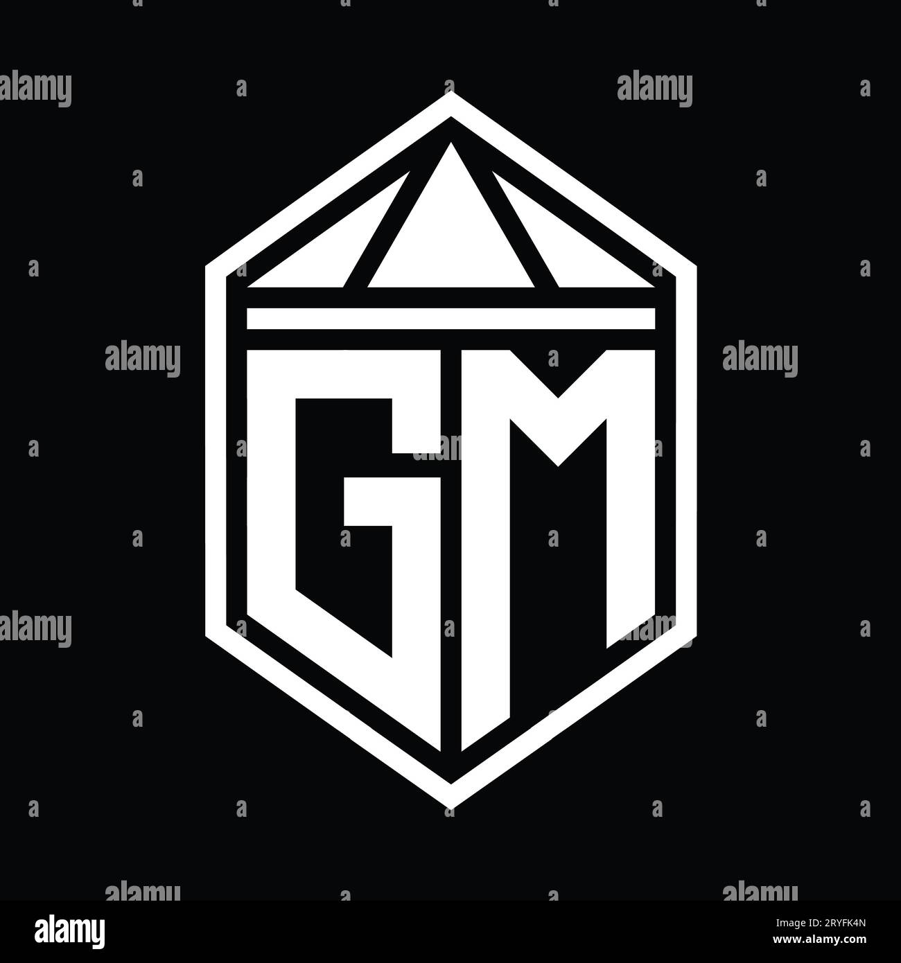 GM Letter Logo monogram simple hexagon shield shape with triangle crown isolated style design ...