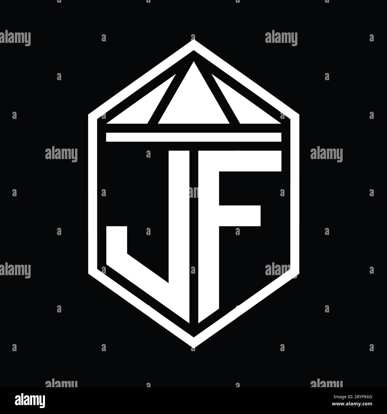 JF Letter Logo monogram simple hexagon shield shape with triangle crown isolated style design ...