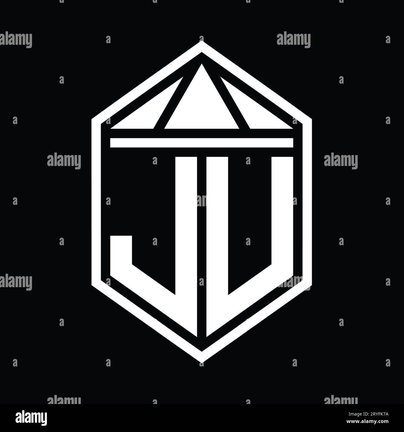 JU Letter Logo monogram simple hexagon shield shape with triangle crown isolated style design ...