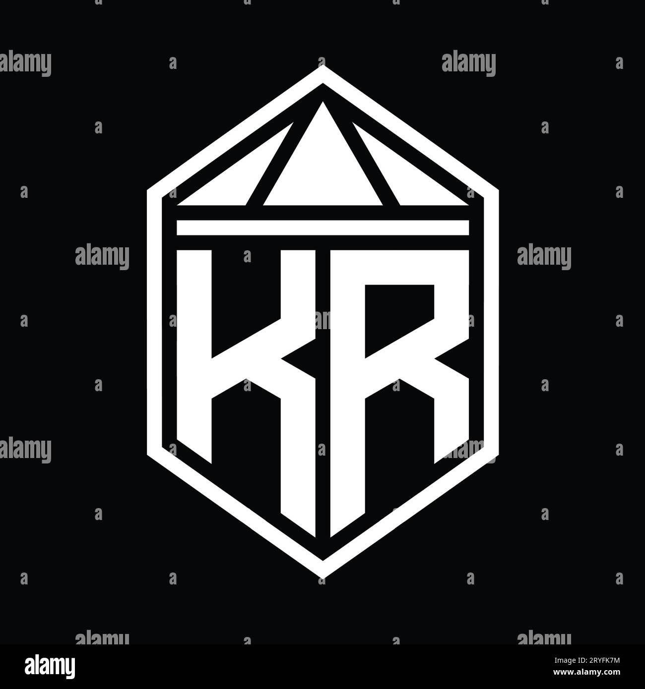 KR Letter Logo monogram simple hexagon shield shape with triangle crown ...