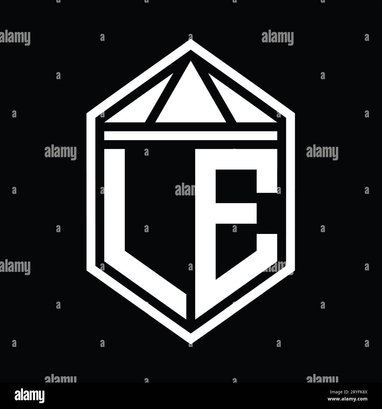 LE Letter Logo monogram simple hexagon shield shape with triangle crown isolated style design ...