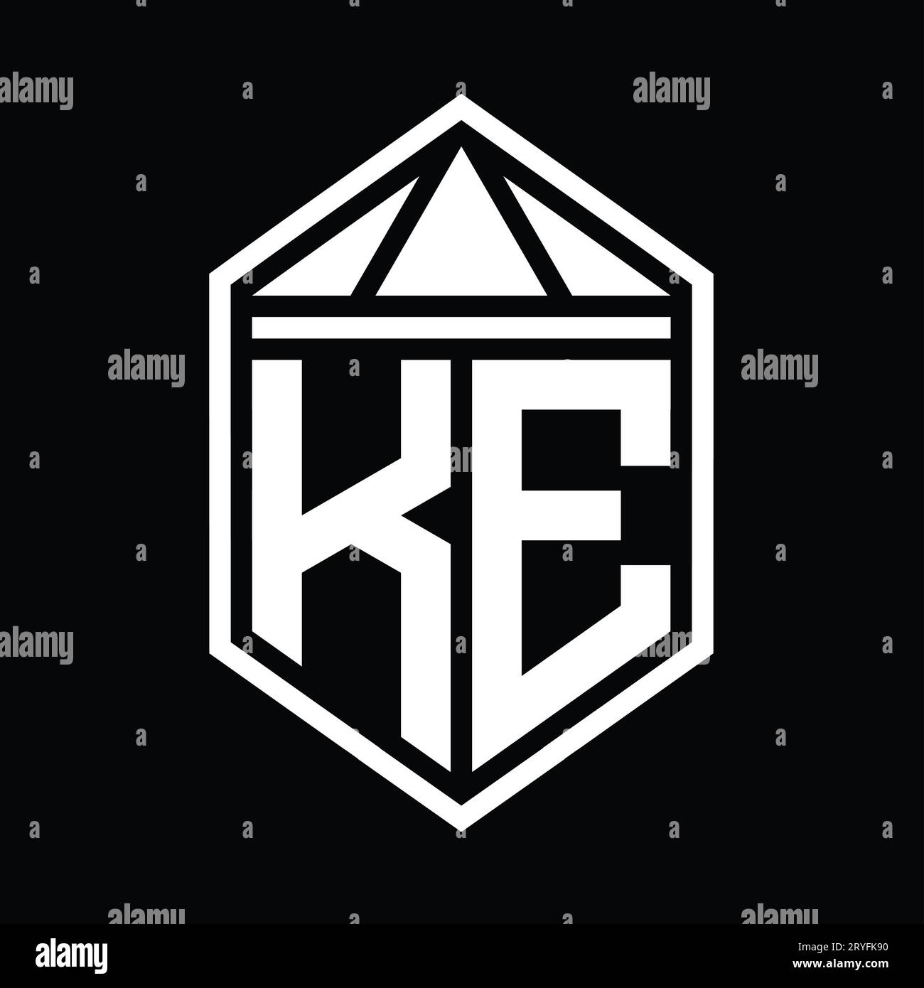 KE Letter Logo monogram simple hexagon shield shape with triangle crown isolated style design ...