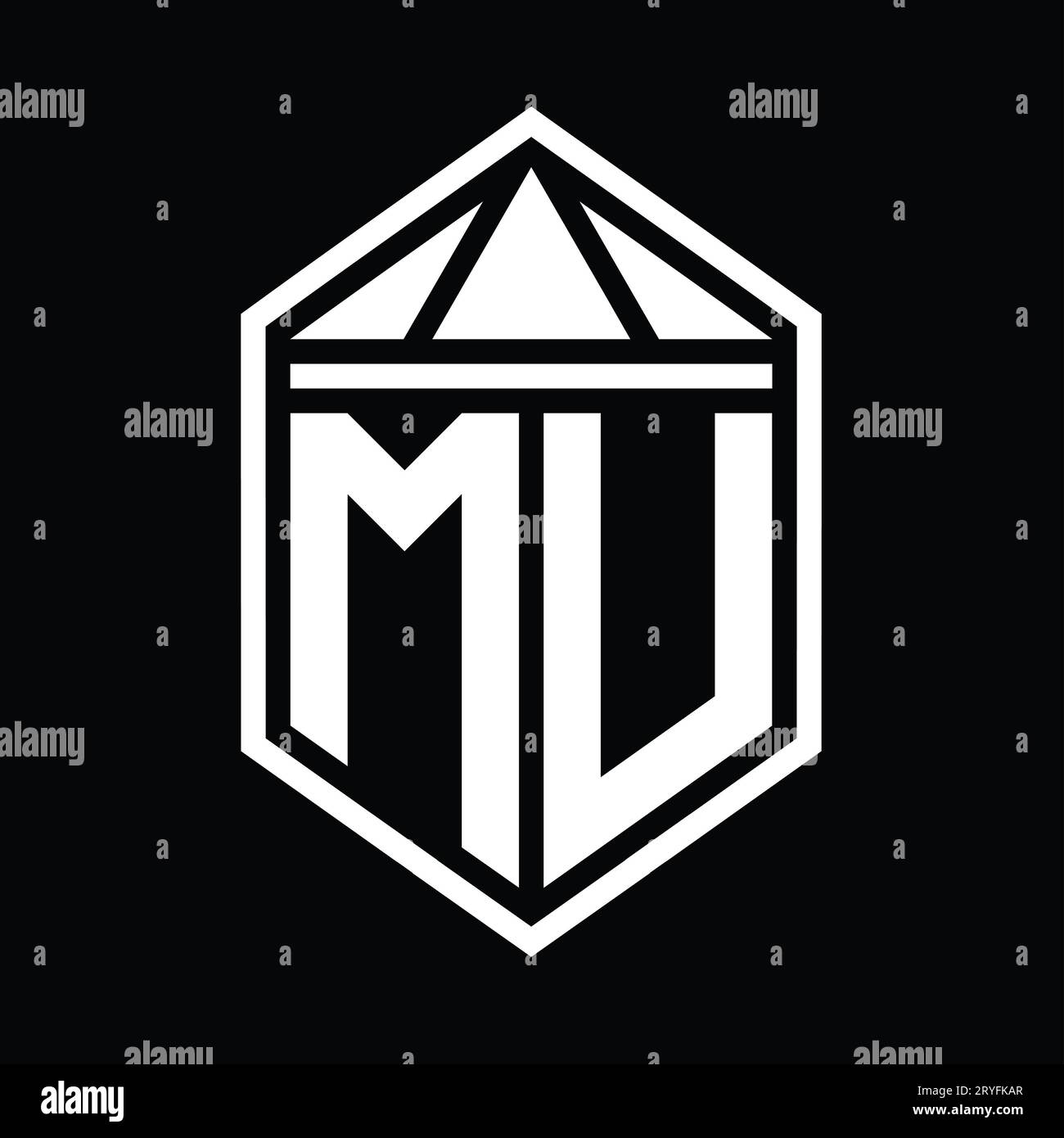 MU Letter Logo monogram simple hexagon shield shape with triangle crown ...