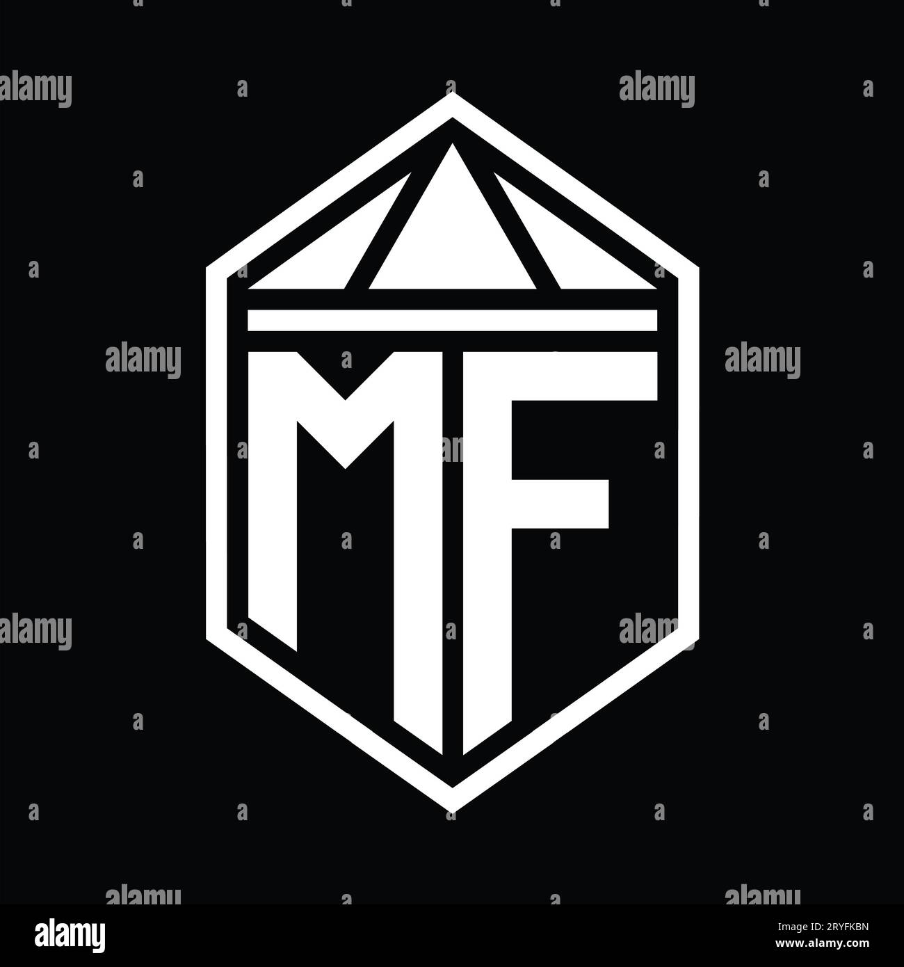 MF Letter Logo monogram simple hexagon shield shape with triangle crown ...