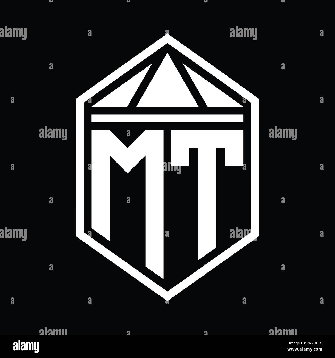 MT Letter Logo monogram simple hexagon shield shape with triangle crown isolated style design ...