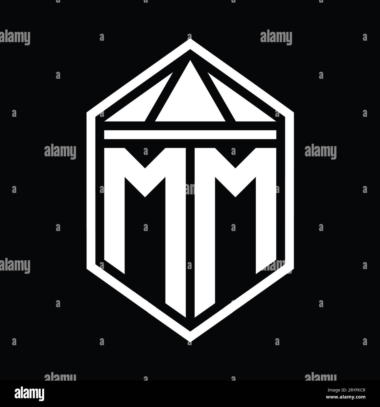 MM Letter Logo monogram simple hexagon shield shape with triangle crown isolated style design ...