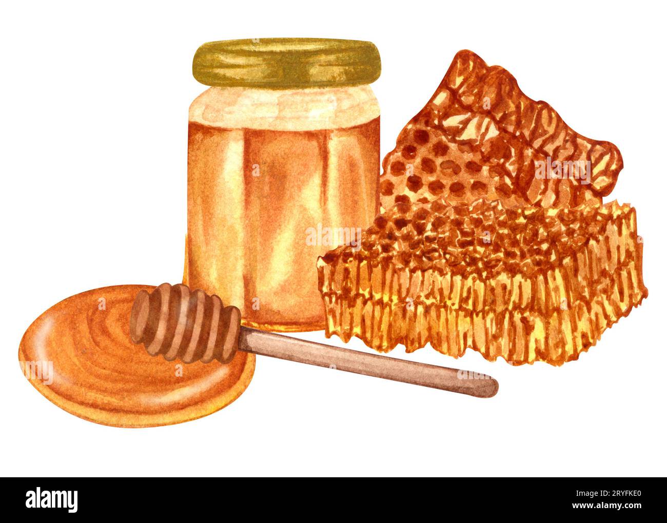 Watercolor fresh honey set with honeycombs, honey dipper, glass jar ...