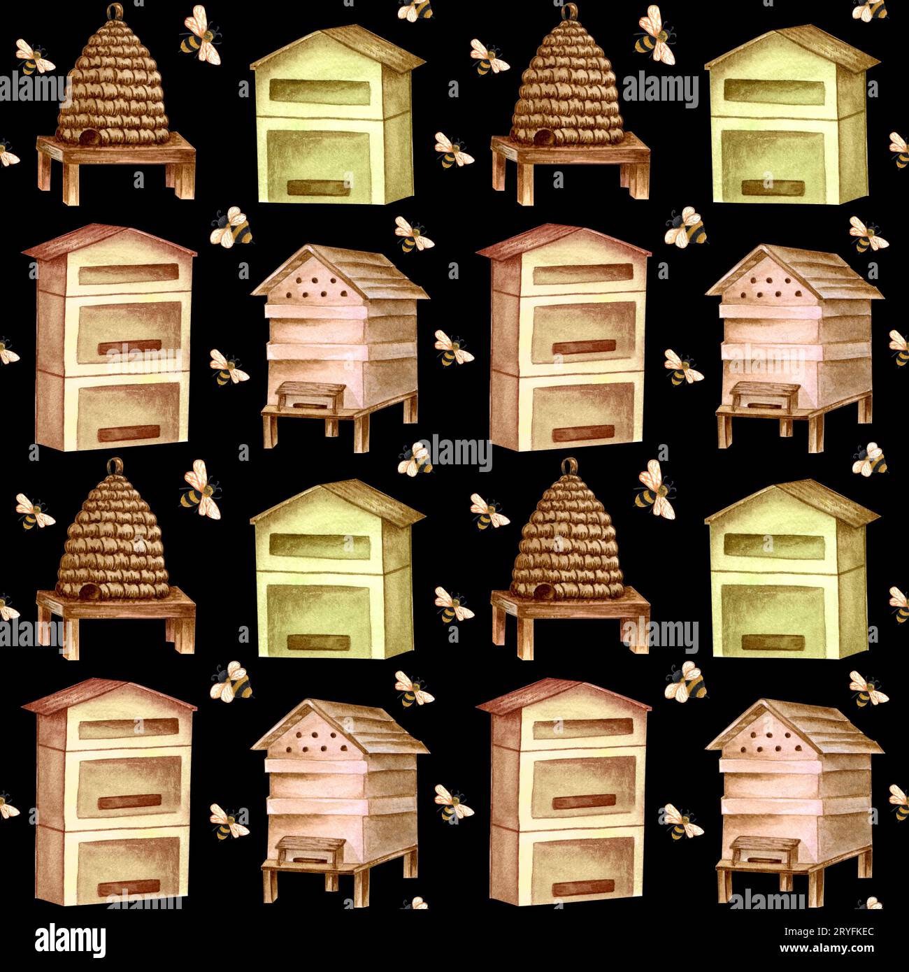 Watercolor honey seamless pattern with bee and bee houses. Hand drawn ...