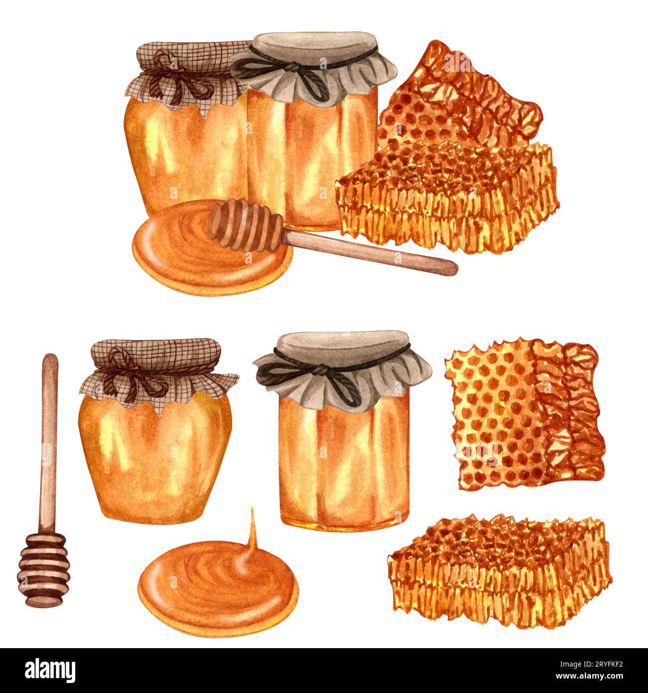 Watercolor fresh honey set with honeycombs, honey dipper, glass jar ...