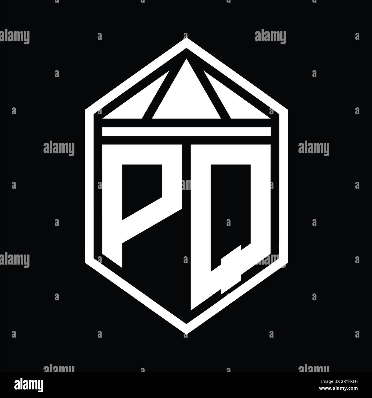 PQ Letter Logo monogram simple hexagon shield shape with triangle crown isolated style design ...