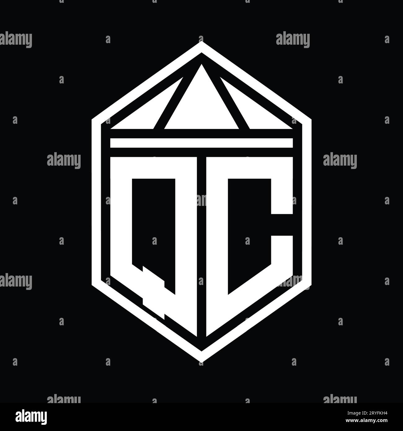 QC Letter Logo monogram simple hexagon shield shape with triangle crown ...
