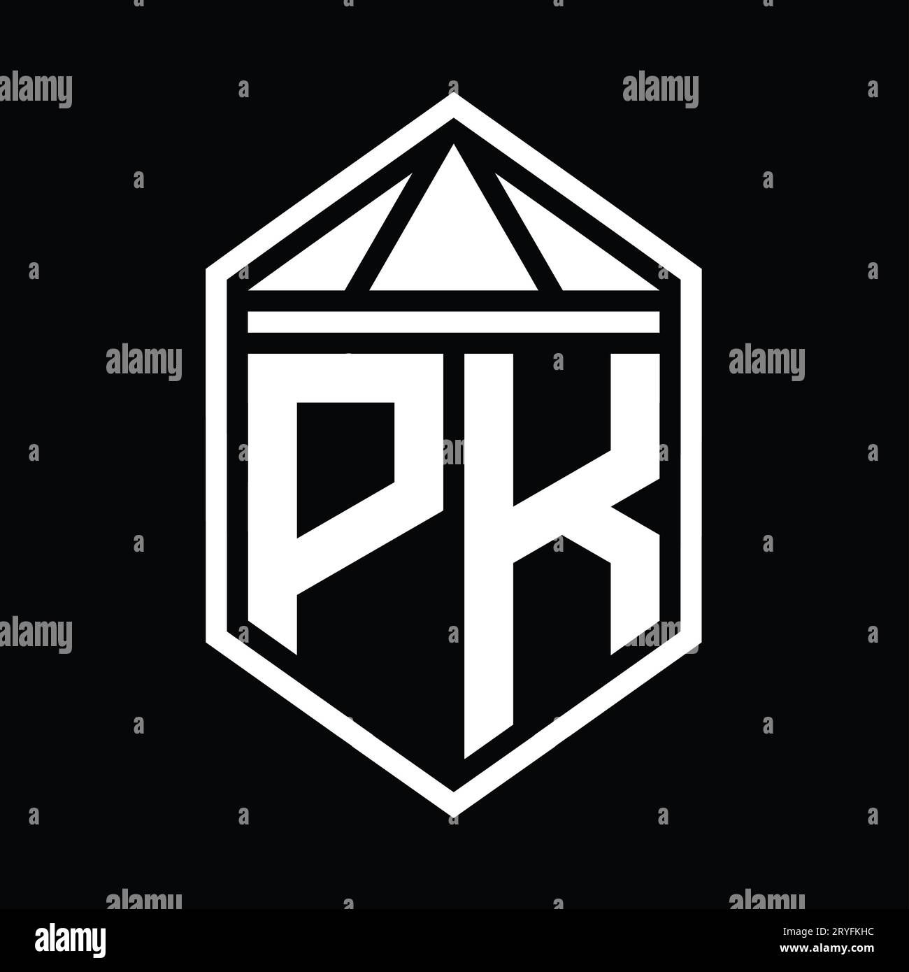 PK Letter Logo monogram simple hexagon shield shape with triangle crown ...