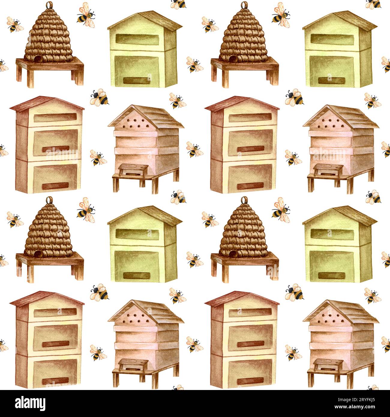 Watercolor honey seamless pattern with bee and bee houses. Hand drawn ...