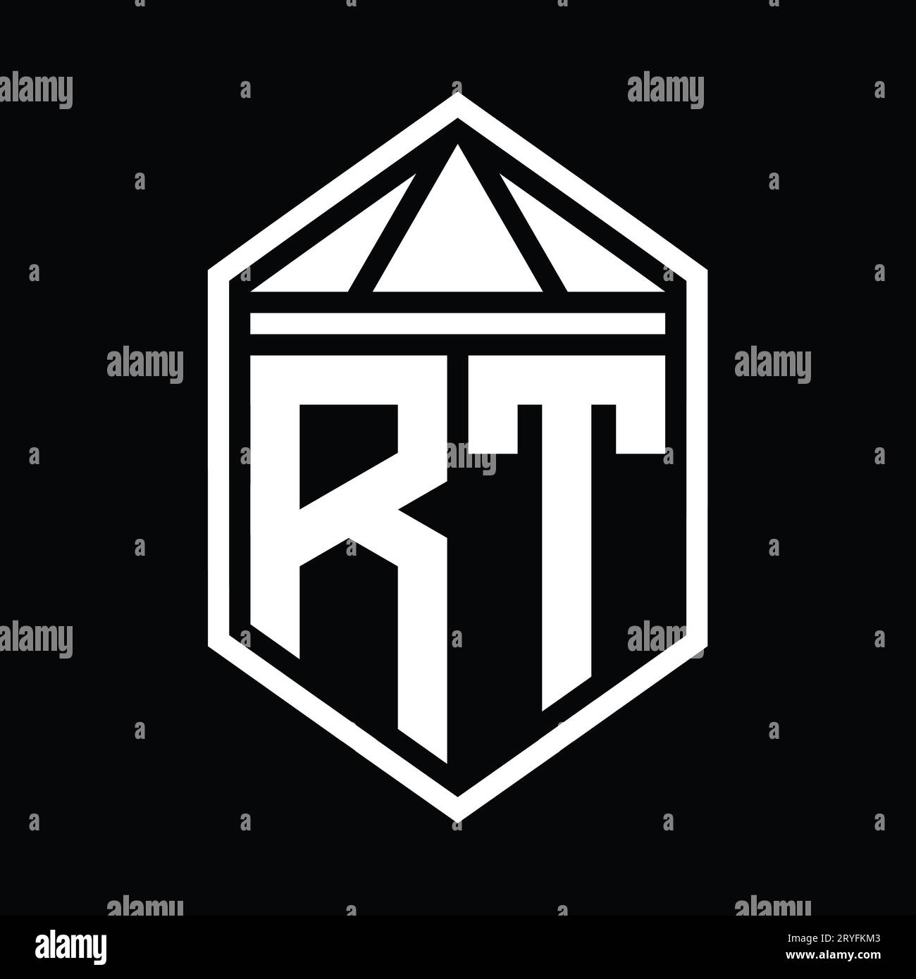 RT Letter Logo monogram simple hexagon shield shape with triangle crown isolated style design ...