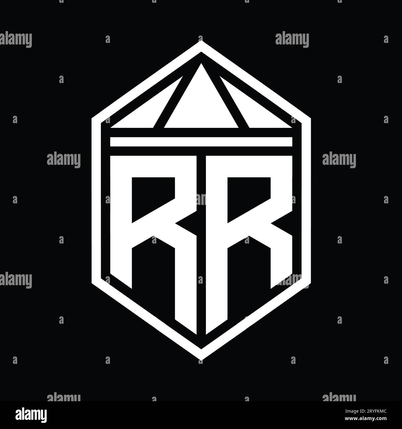 RR Letter Logo monogram simple hexagon shield shape with triangle crown isolated style design ...