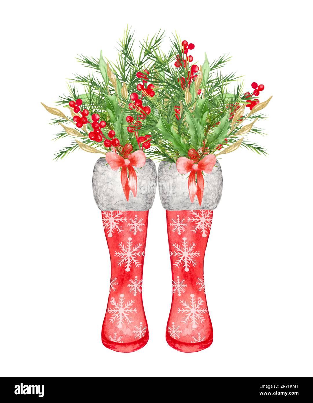 Watercolor christmas boots with christmas decorations, Pine tree and ...