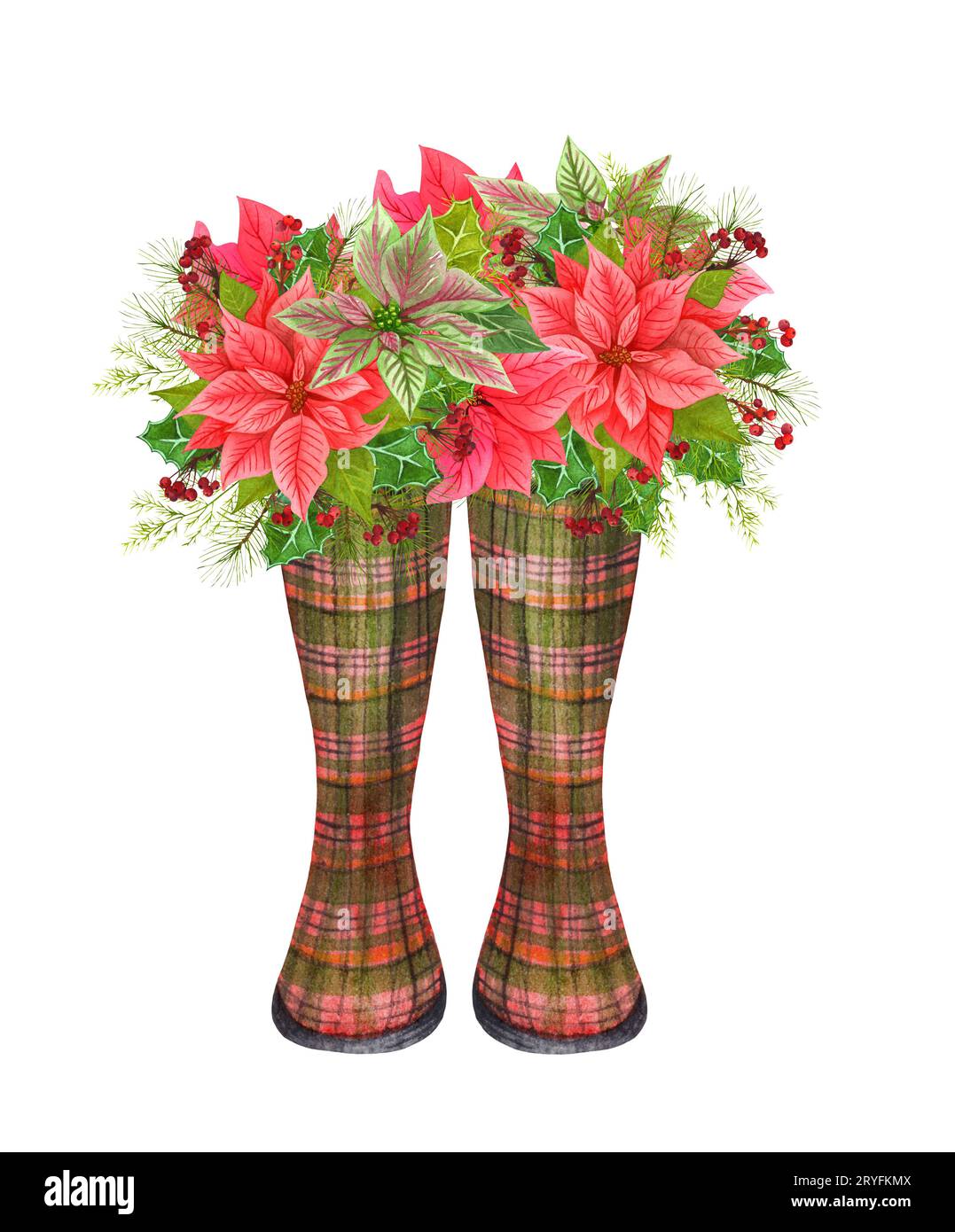 Watercolor christmas boots with christmas decorations, Pine tree and ...