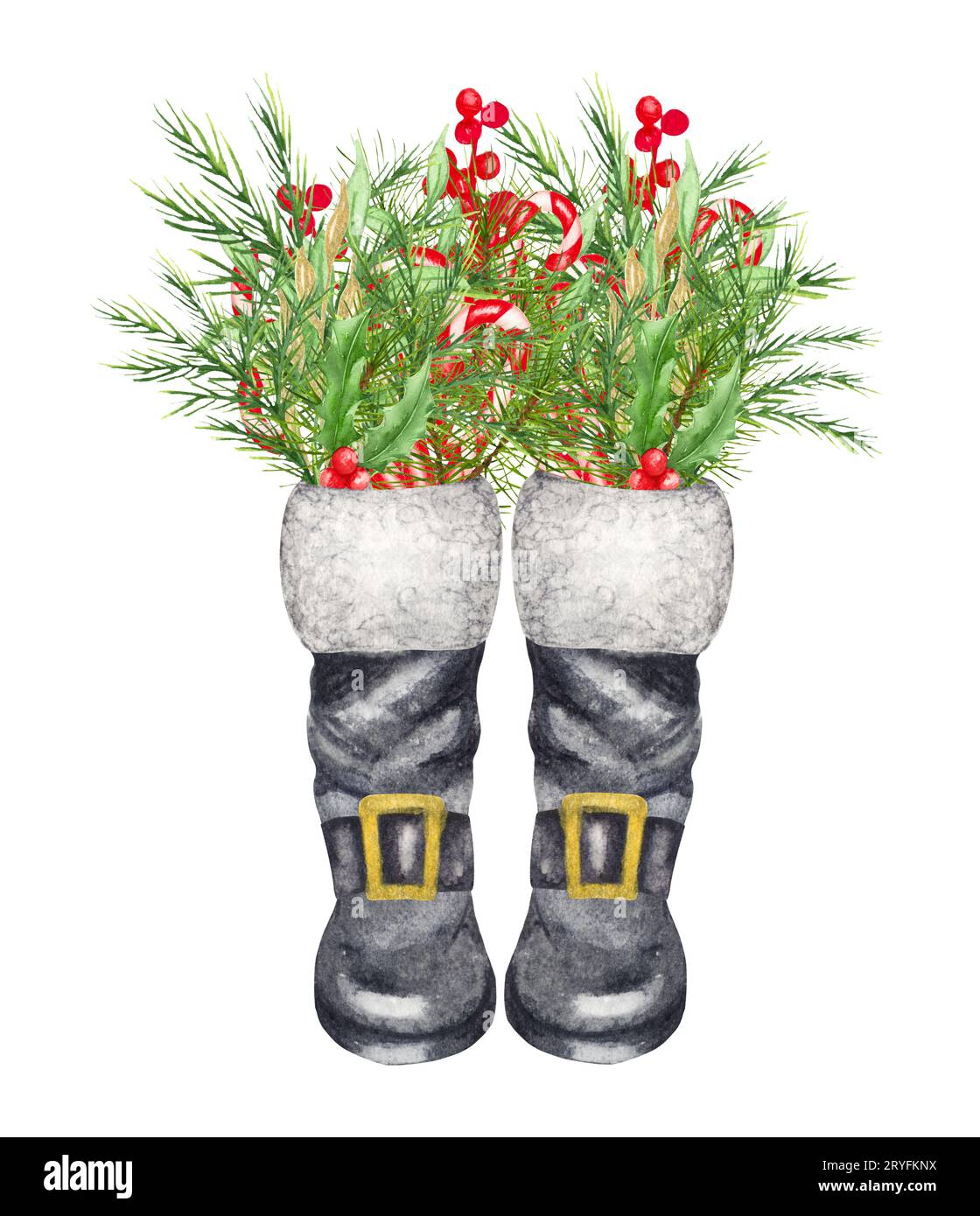 Watercolor christmas boots with christmas decorations, Pine tree and ...