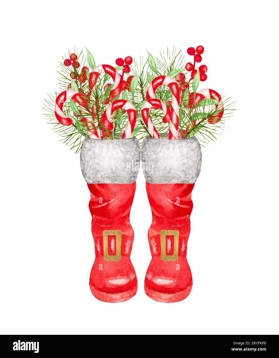 Watercolor christmas boots with christmas decorations, Pine tree and ...