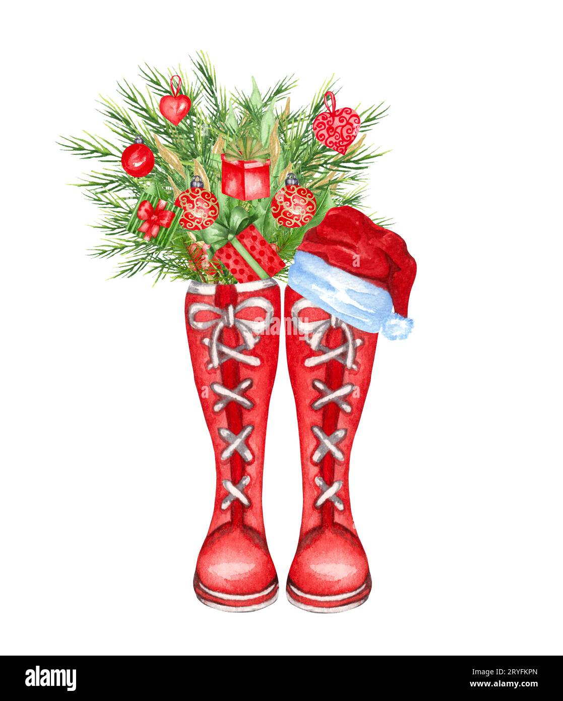 Watercolor christmas boots with christmas decorations, Pine tree and ...