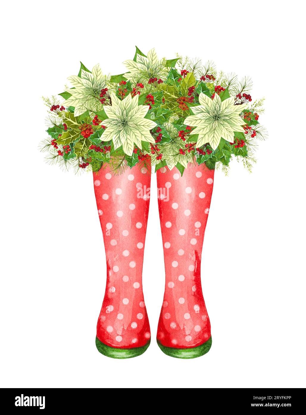 Watercolor christmas boots with christmas decorations, Pine tree and ...