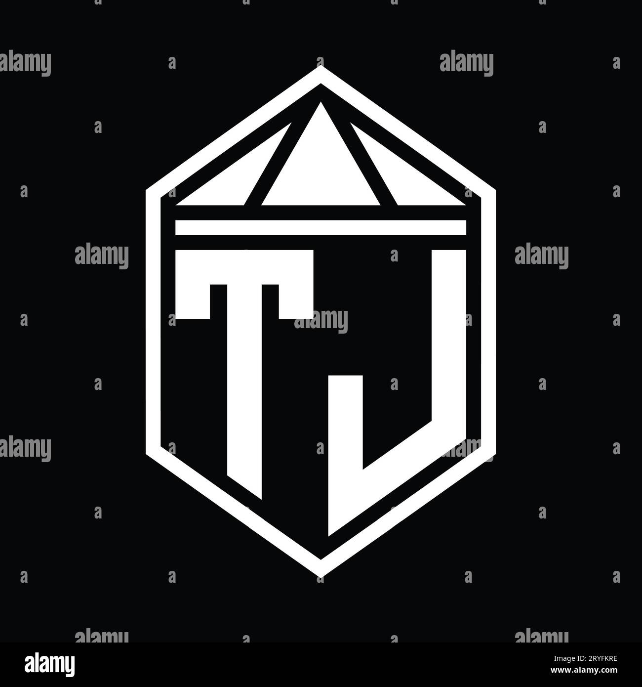 TJ Letter Logo monogram simple hexagon shield shape with triangle crown isolated style design ...