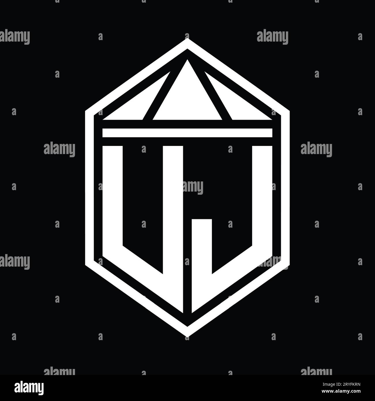 UJ Letter Logo monogram simple hexagon shield shape with triangle crown ...