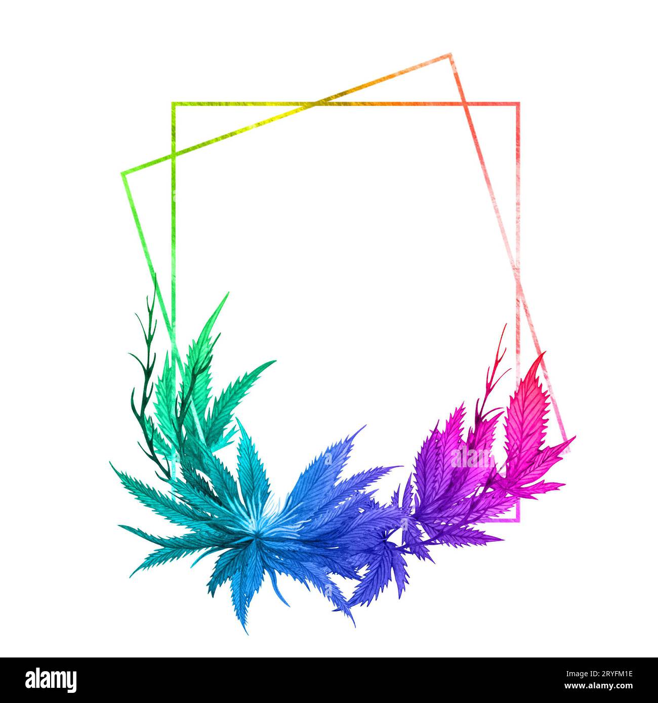 Watercolor rainbow cannabis frame. Hand drawn wild hemp plant wreath ...