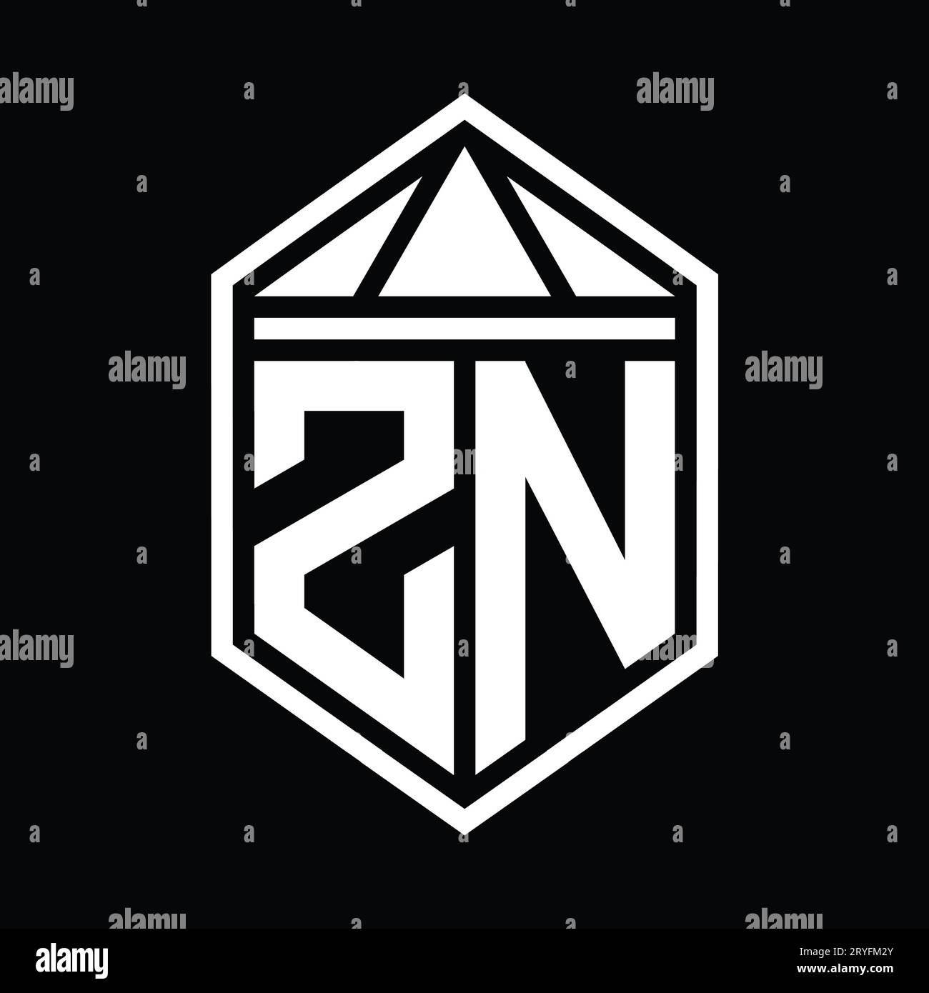 ZN Letter Logo monogram simple hexagon shield shape with triangle crown ...