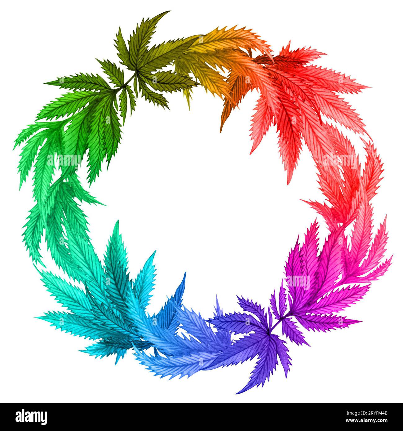 Watercolor rainbow cannabis frame. Hand drawn wild hemp plant wreath ...