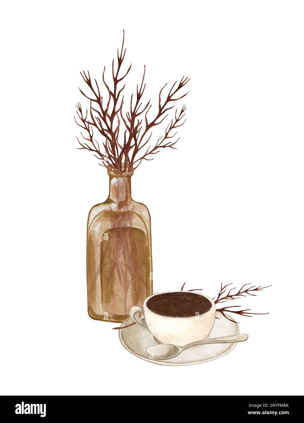 Several dried twigs in a glass vase and a cup og coffee. Watercolor ...