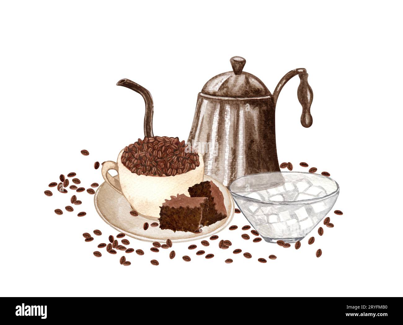 Watercolor breakfast illustration. A cup of coffee beans with chocolate ...
