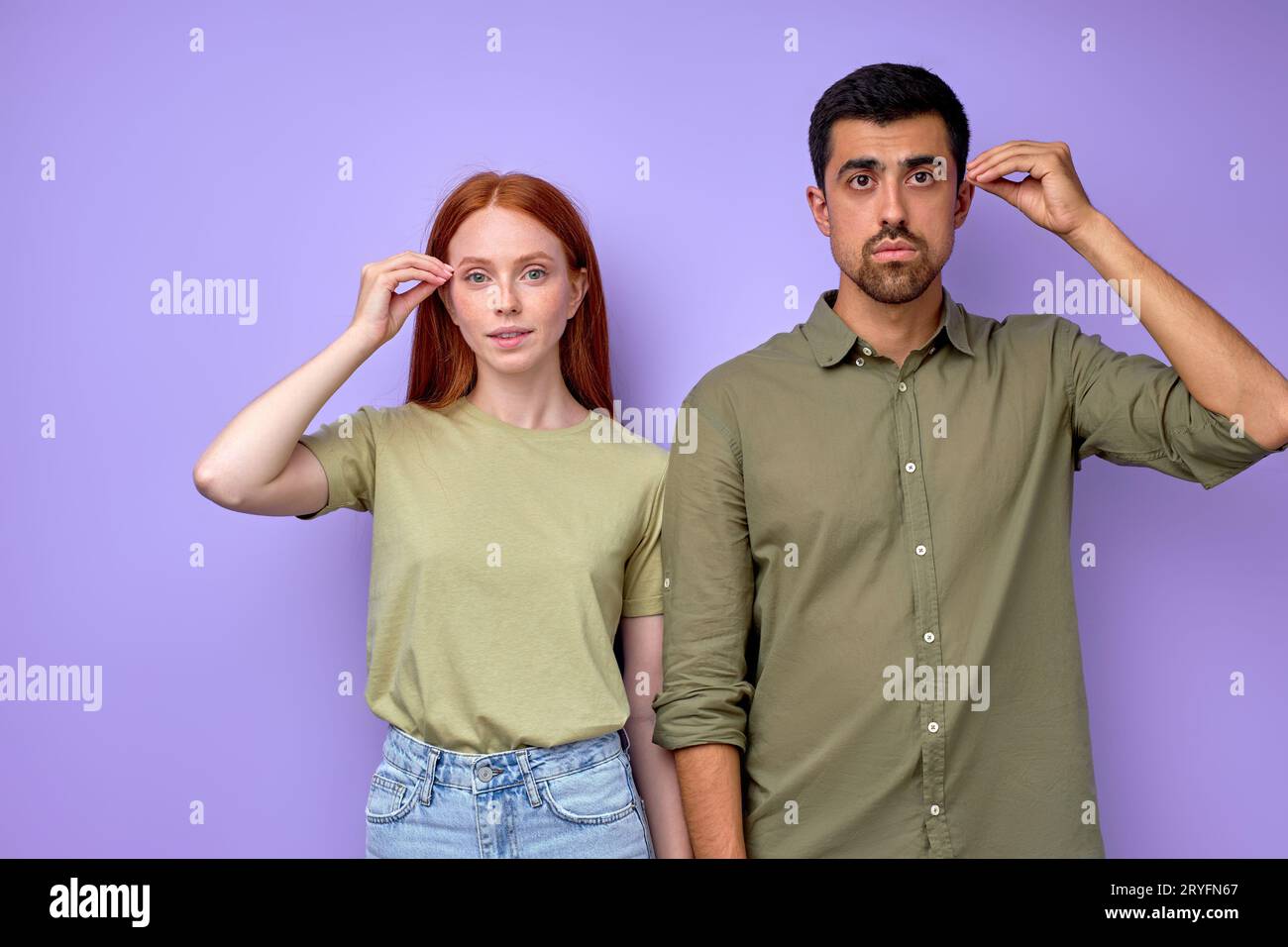 Young deaf mute couple with hands gestures saying clever closeup ...