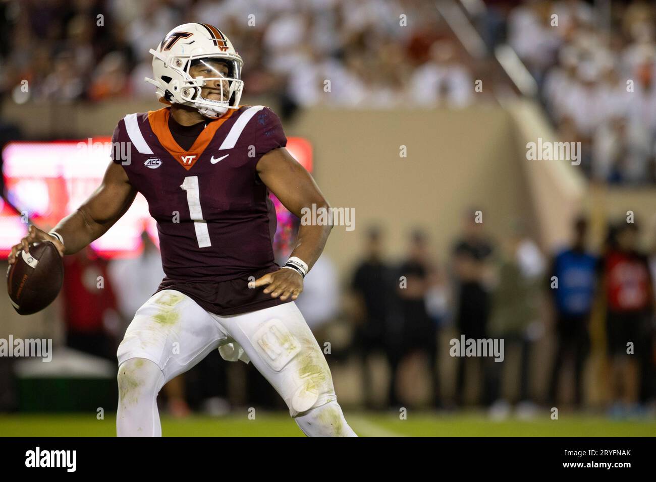 September 30, 2023: Virginia Tech Hokies quarterback Kyron Drones (1) starts to throw during the ...