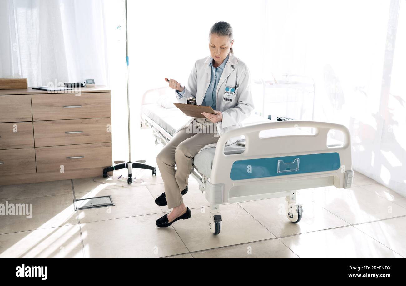 Healthcare, woman and doctor with clipboard on bed for checklist, chart ...