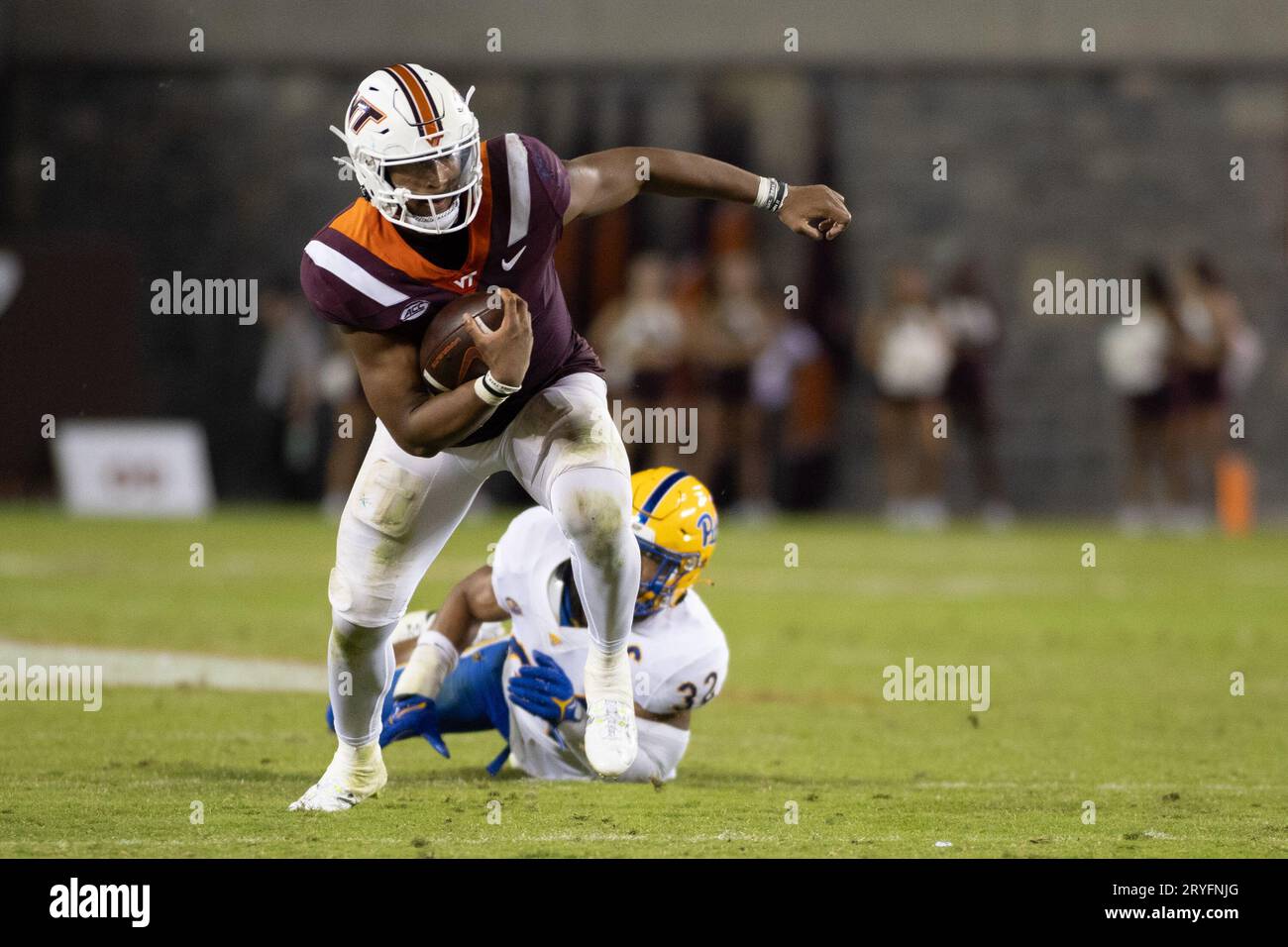 Lane Stadium Blacksburg, VA, USA. 30th Sep, 2023. Virginia Tech Hokies quarterback Kyron Drones ...