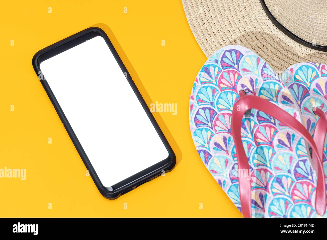 Template of Smart phone with blank white screen, flip flops and hat on ...