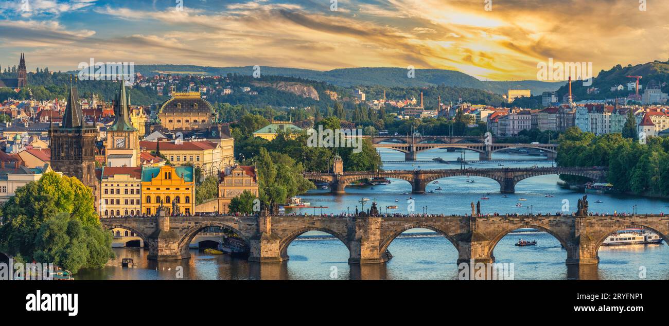 Prague Czech Republic, panorama sunset city skyline at Charles Bridge Vltava River and Prague ...