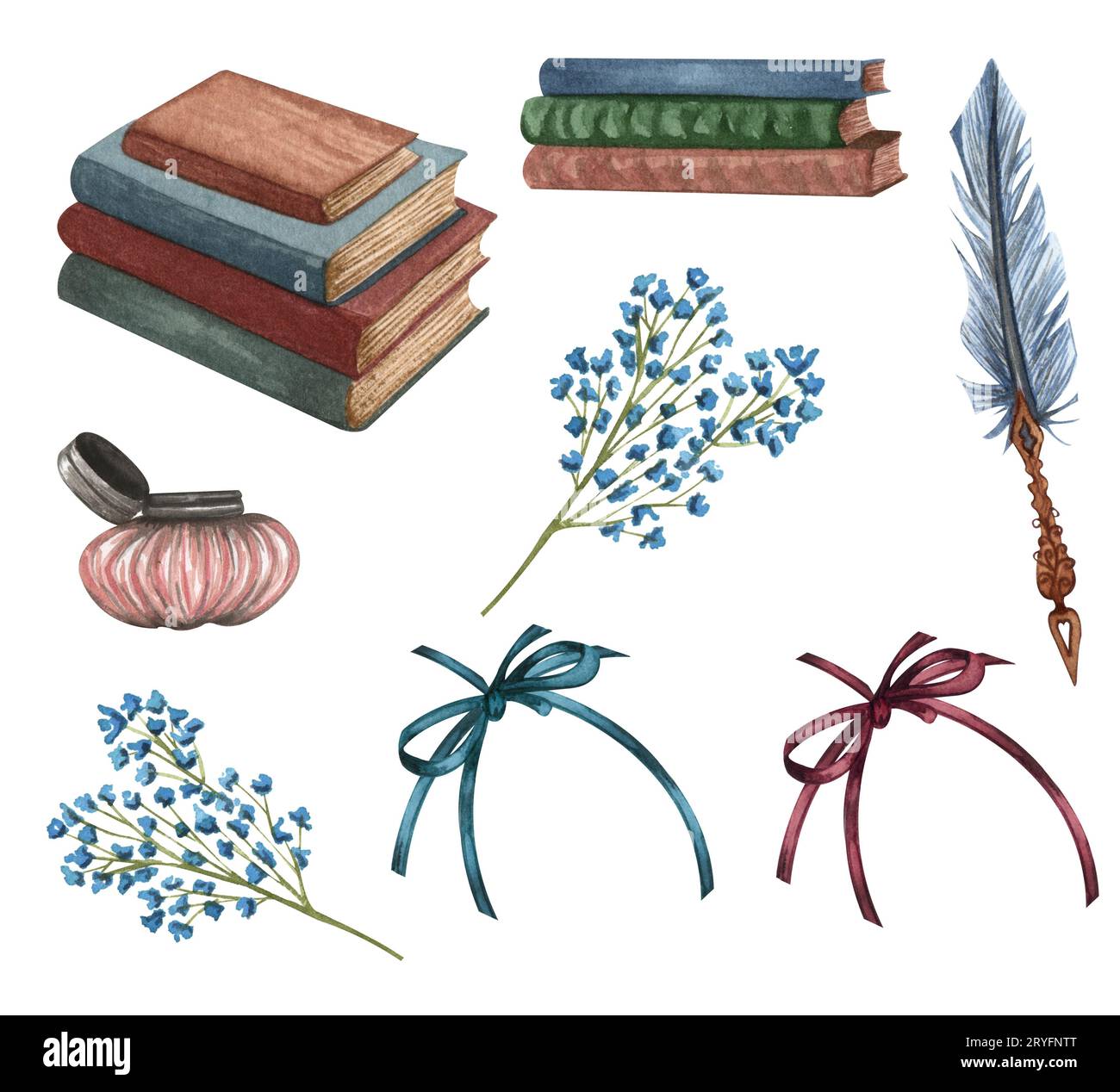 Watercolor vintage books set. Hand Drawn a pile of old books, ink ...