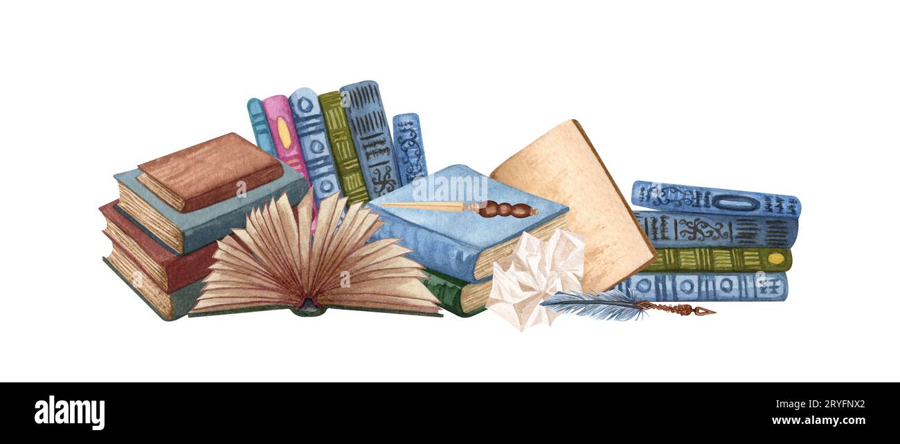 Watercolor book frame, education art library, bookshelves hand drawn ...