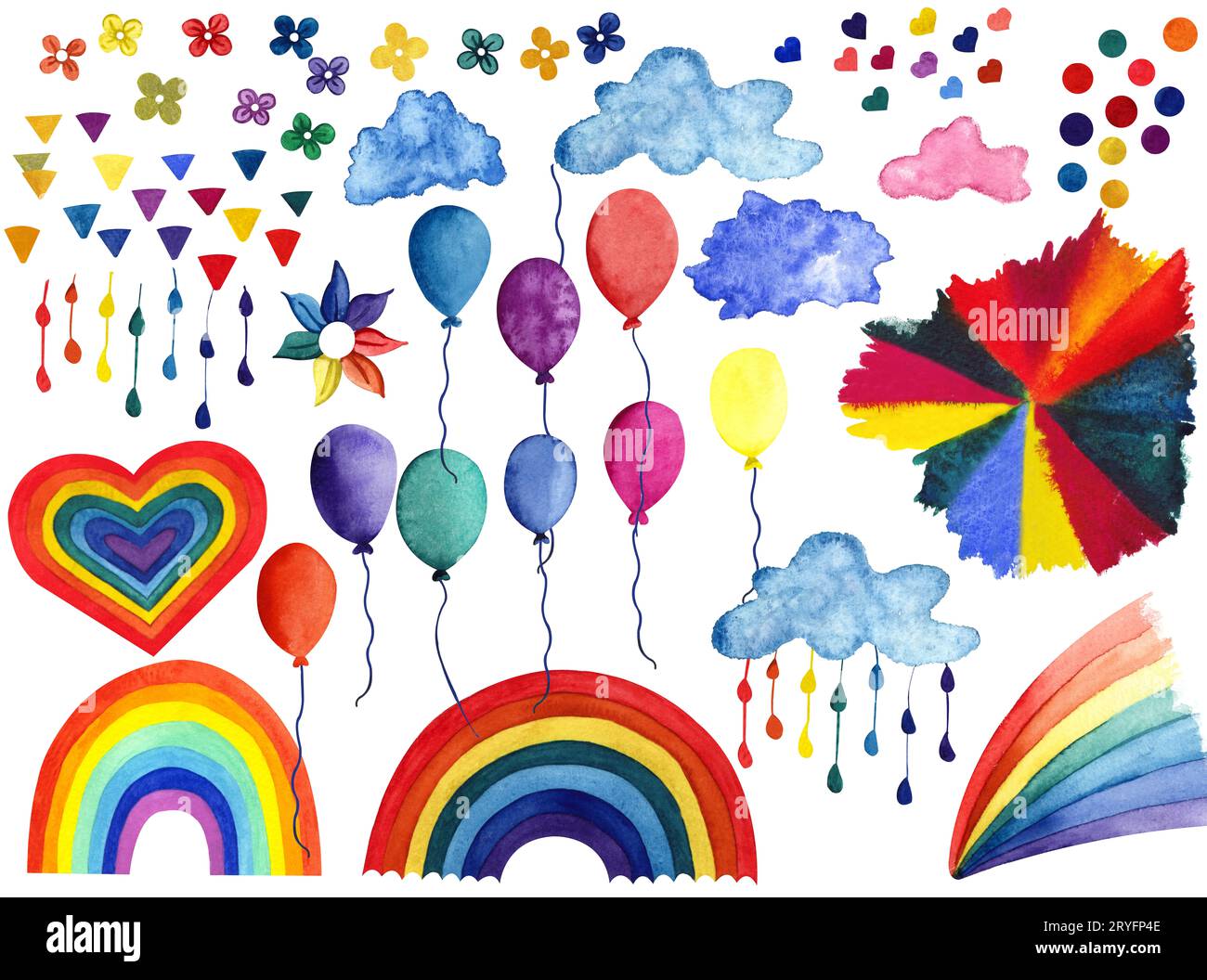 Watercolor rainbow illustration with diferent small elements style ...
