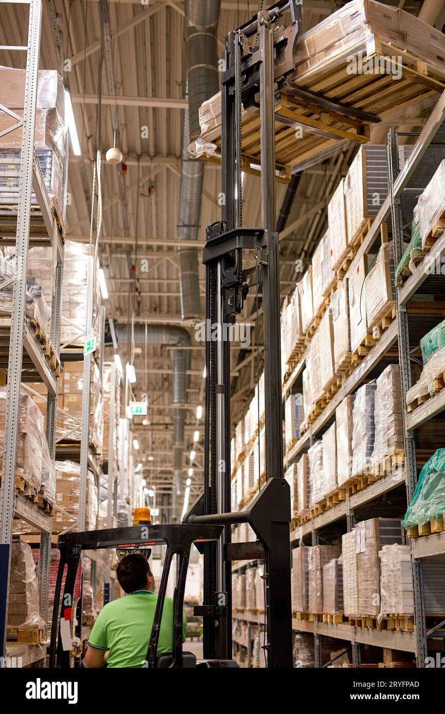 large distribution warehouse, View of storage warehouse. Fork lift ...