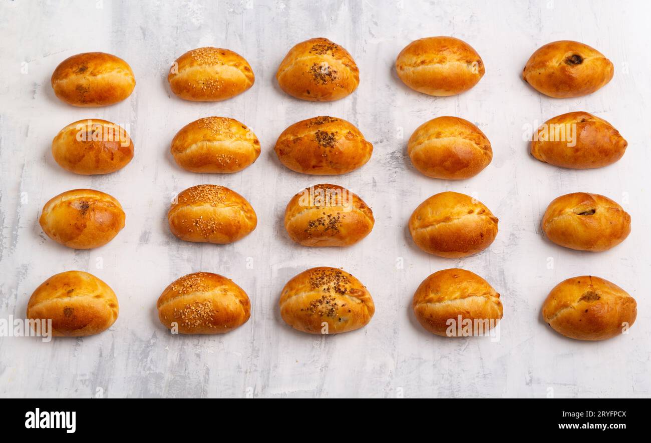 Top view of a number of tasty baked pastry on a table Stock Photo - Alamy